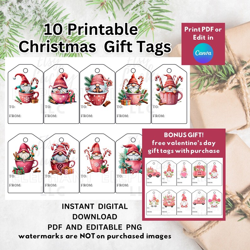 Christmas Gnome Gift Tags | PDF & PNG | Canva Template | Printable Xmas ...