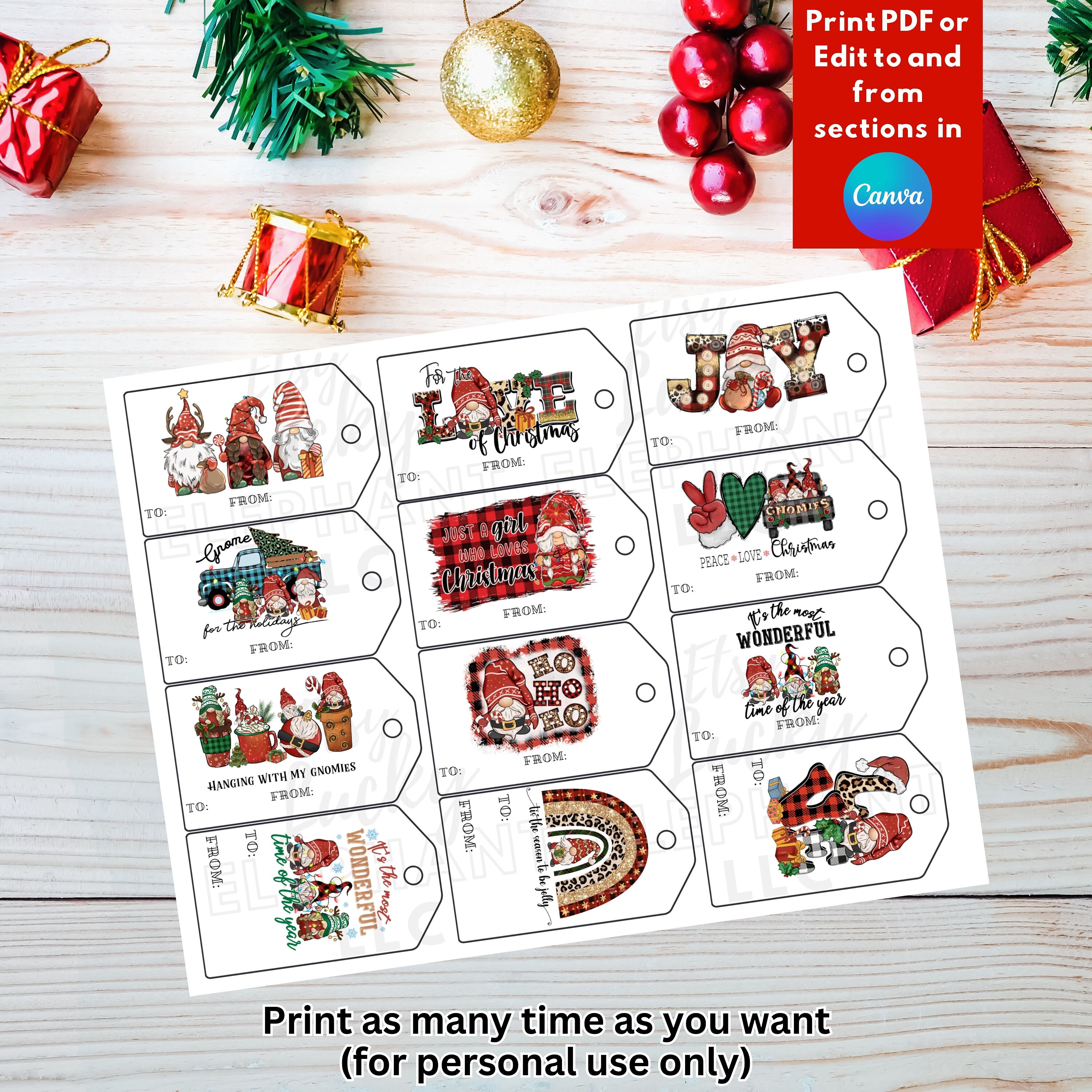 Holiday Gnome Gift Tags PDF & PNG Canva Template Printable Xmas Present ...