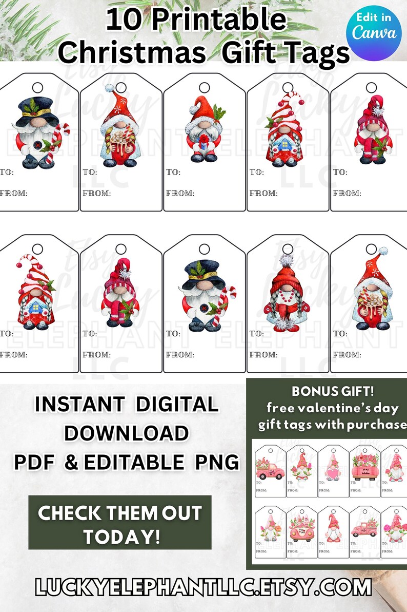 Christmas Gnome Gift Tags PDF & PNG Canva Template Printable Xmas ...