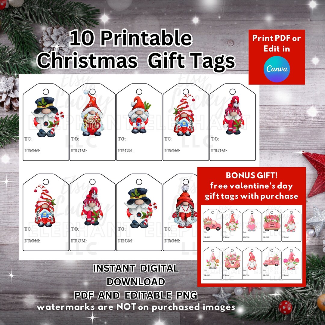 Christmas Gnome Gift Tags PDF & PNG Canva Template Printable Xmas ...