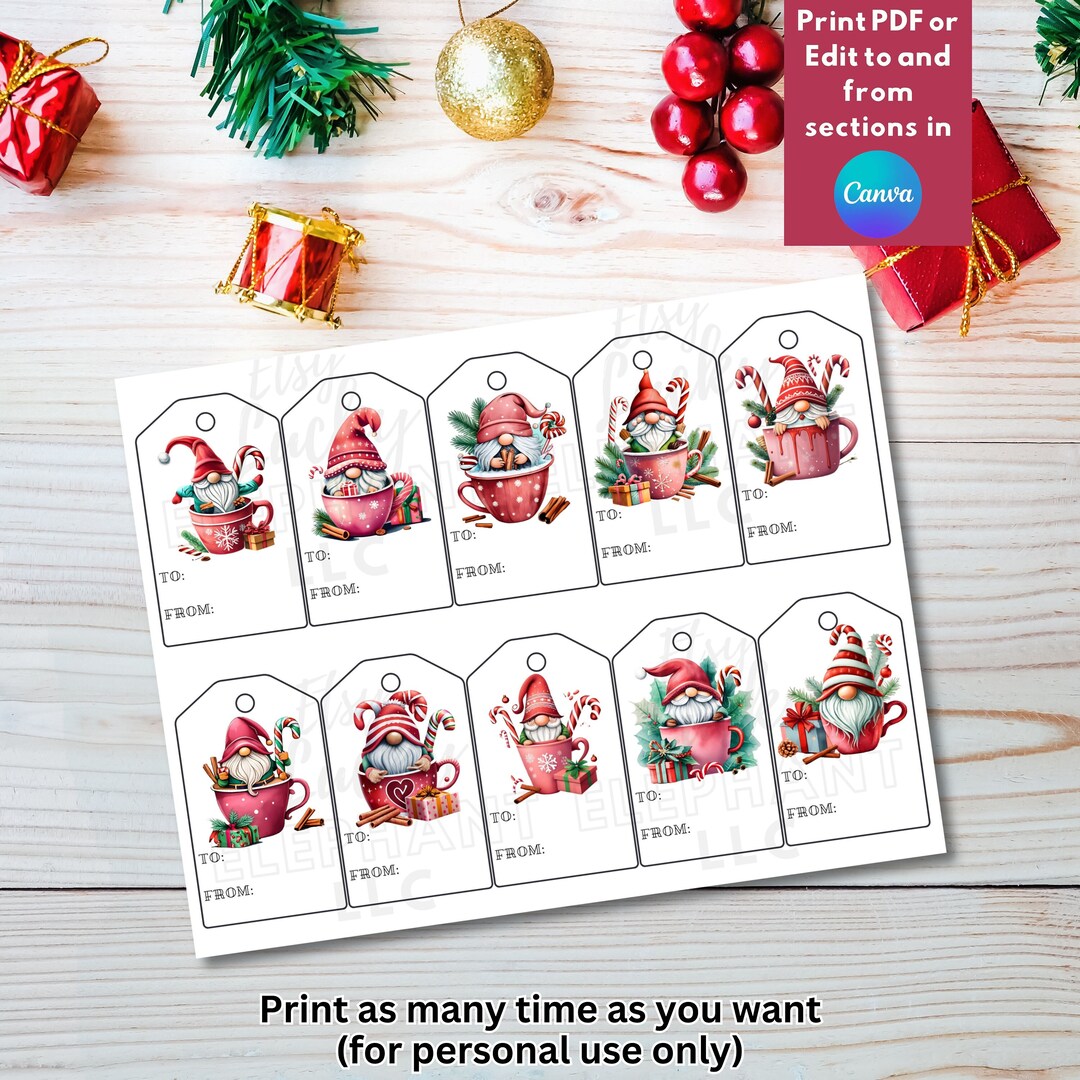 Christmas Gnome Gift Tags PDF & PNG Canva Template Printable Xmas ...