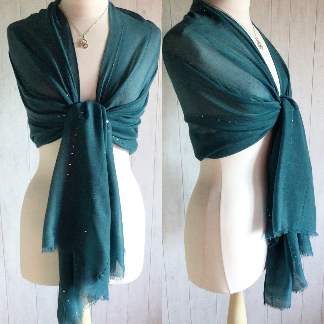 Teal Green Shawl / Teal Green Wrap Silver Sequins / Sequin Stripe Shawl ...