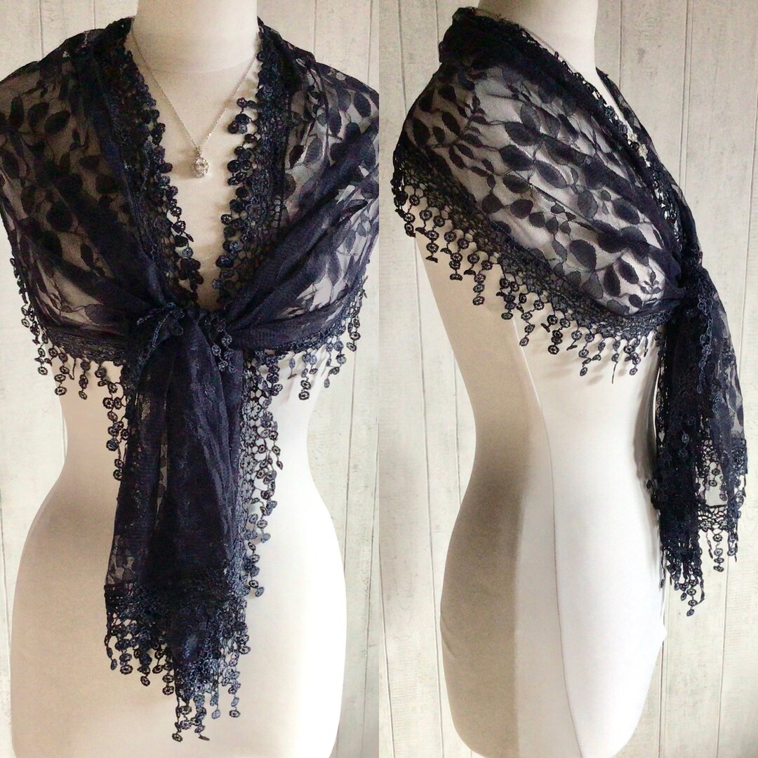 Navy Blue Vintage Style Shawl/ Petite Navy Blue Lace Wrap/ Blue Shawl ...