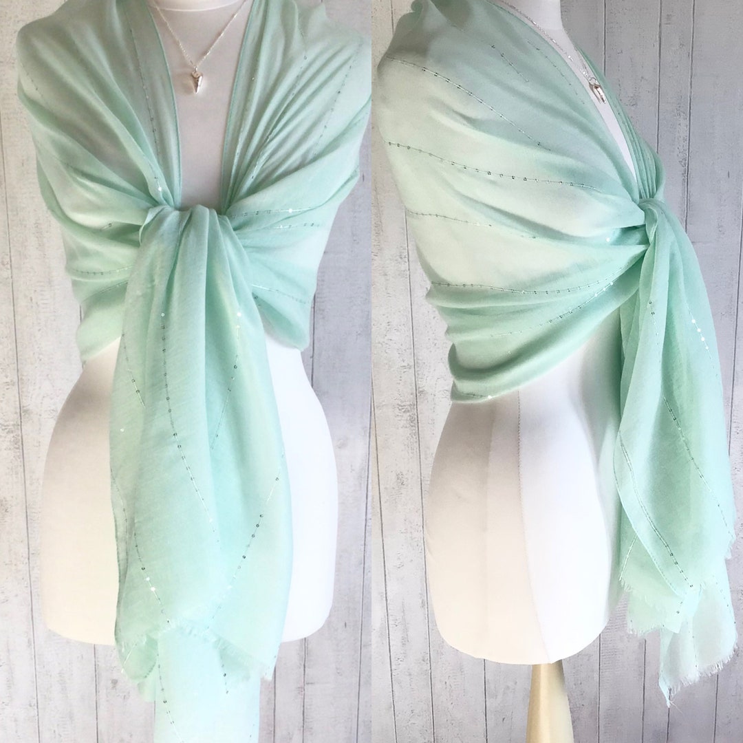 Mint Green Shawl / Mint Green Wrap Silver Sequins / Sequin Stripe Shawl /navy Wedding / Green ...