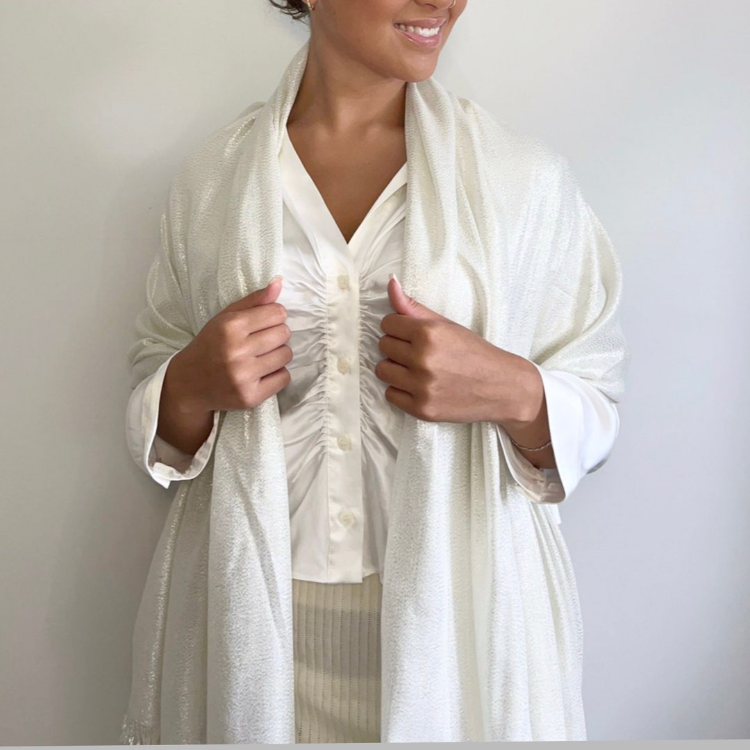 White Silver Pashmina / off White Silver Sheen Shawl / White Wrap ...