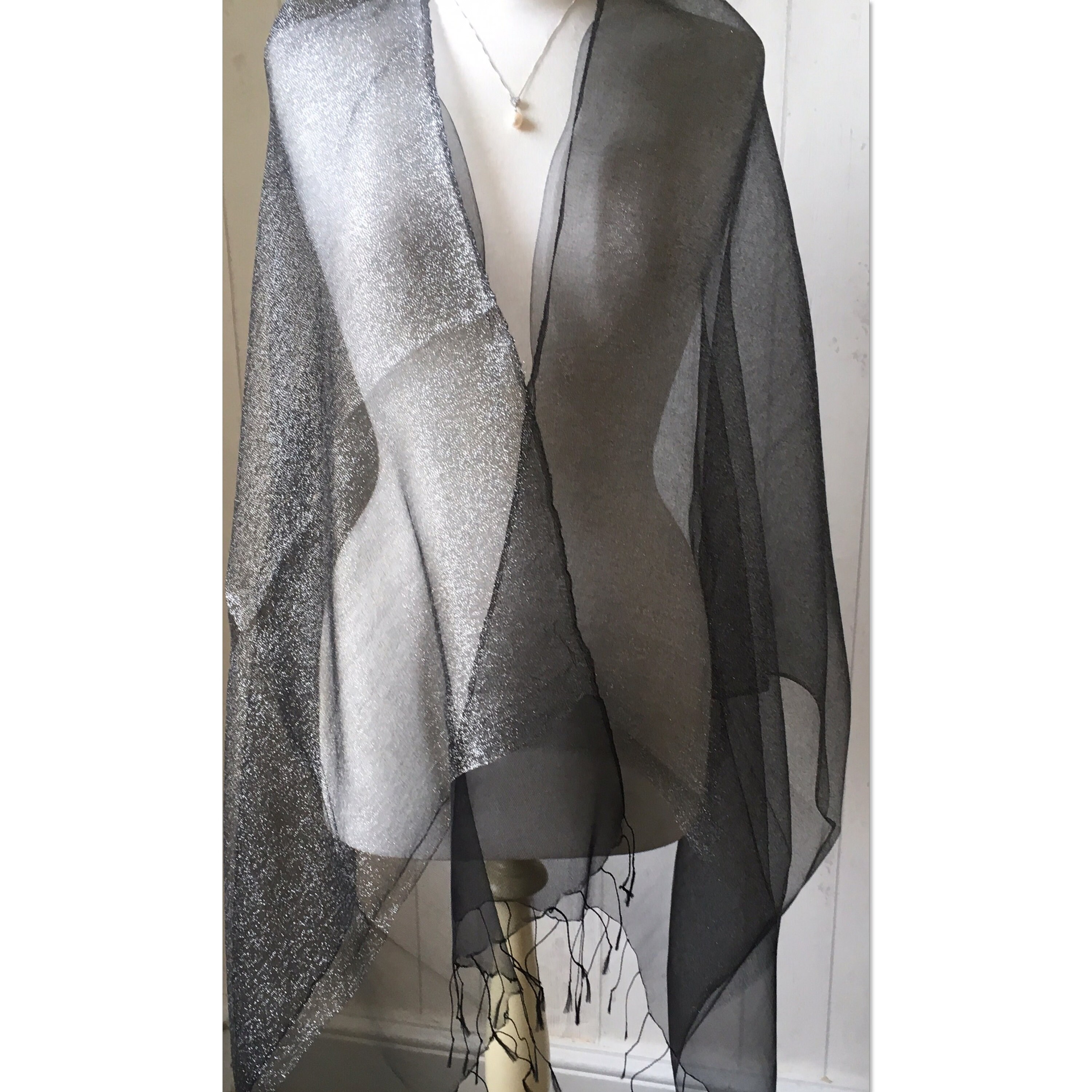 Black Silk Silver Lurex Sheen Wrap Shawl / Black Silk Shawls / Black ...