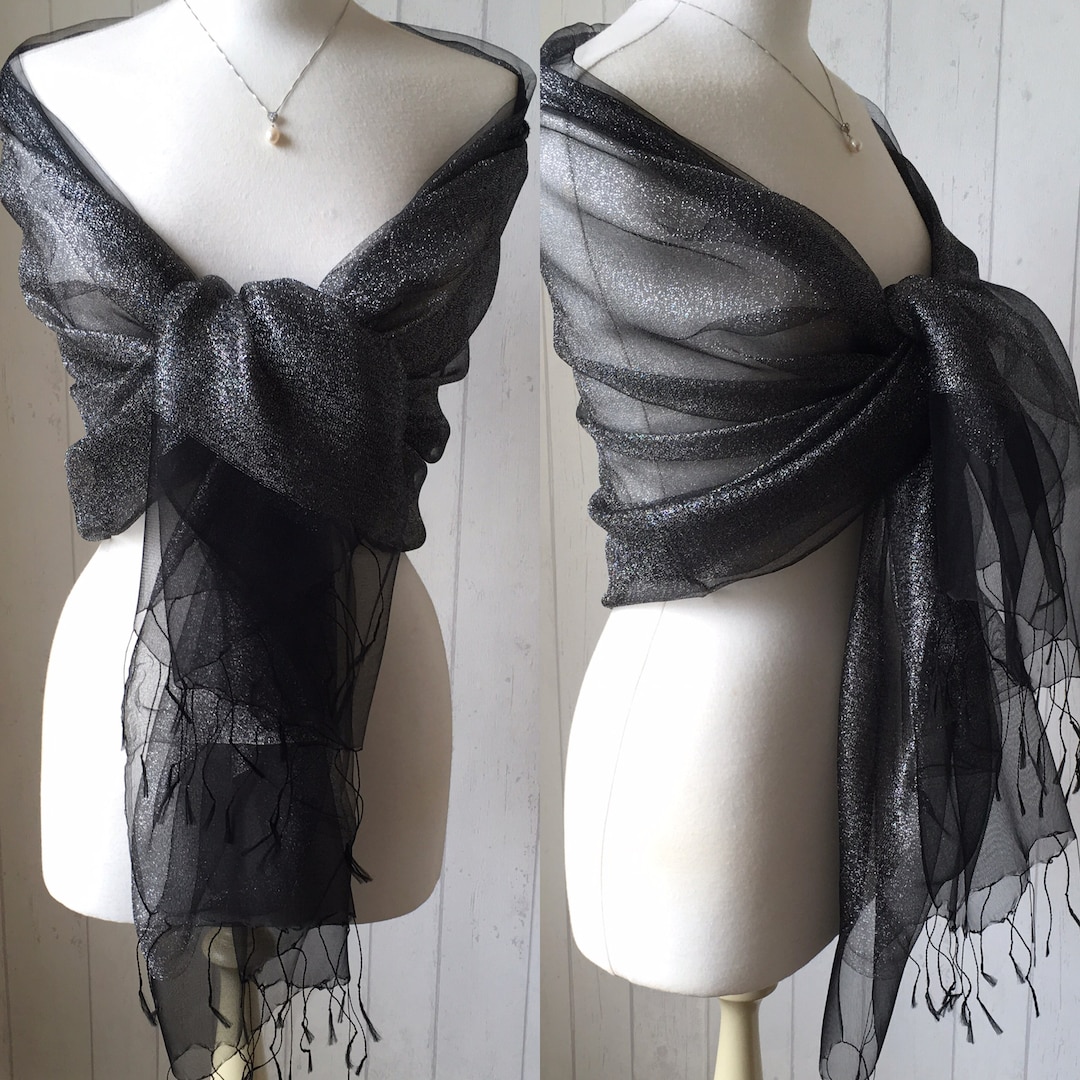 Black Silk Silver Lurex Sheen Wrap Shawl, Black Silk Shawls, Black Silk ...
