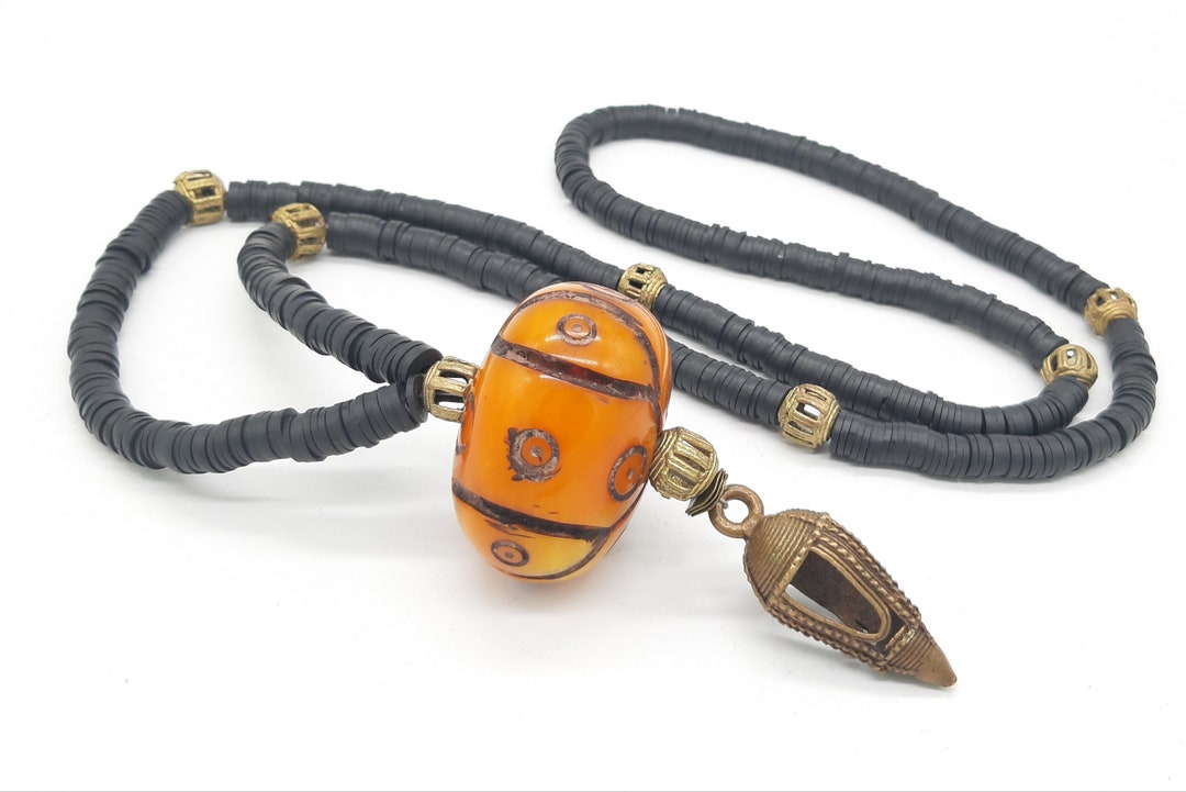 Long Chain With Phenolic/giant Pendant/ashanti Bronze/black Vinyl Discs ...