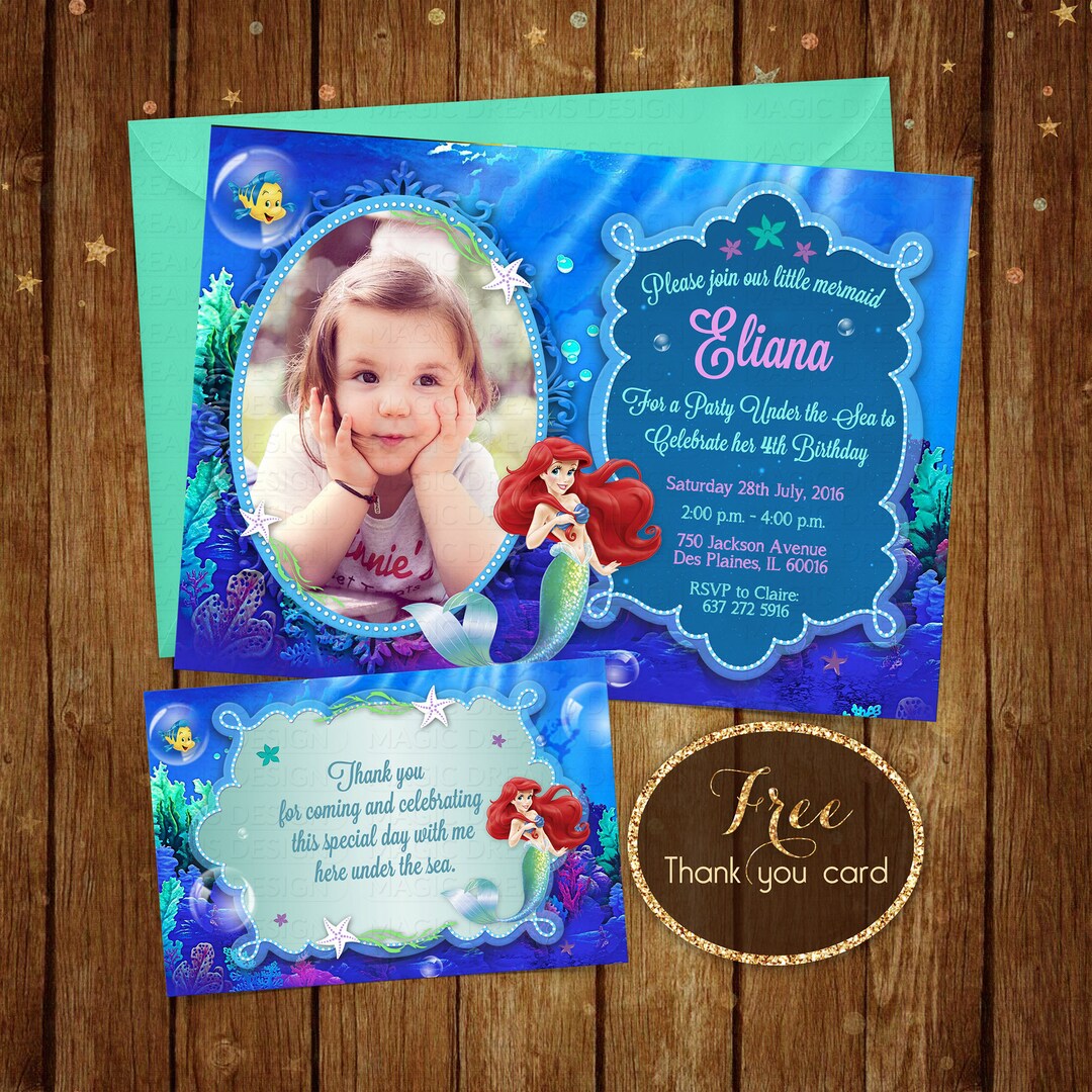 Little Mermaid Birthday Invitation With Photo Printable Ariel ...