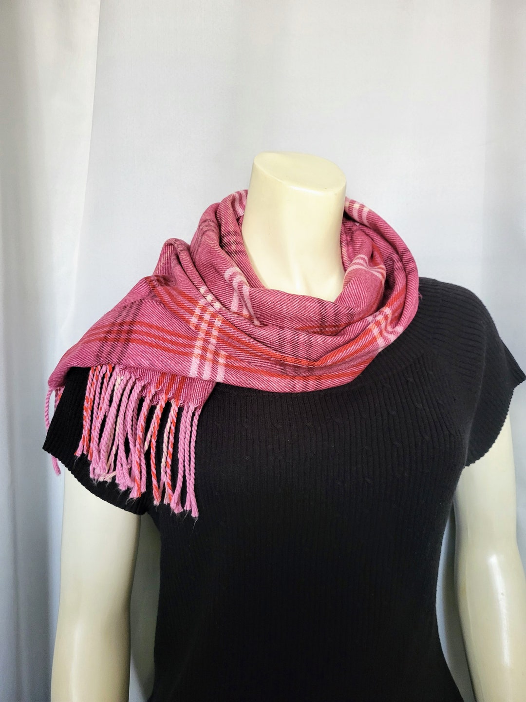 CEJON ITALIAN Winter Scarf/classic Plaid Soft Pink Fringed Warm and ...
