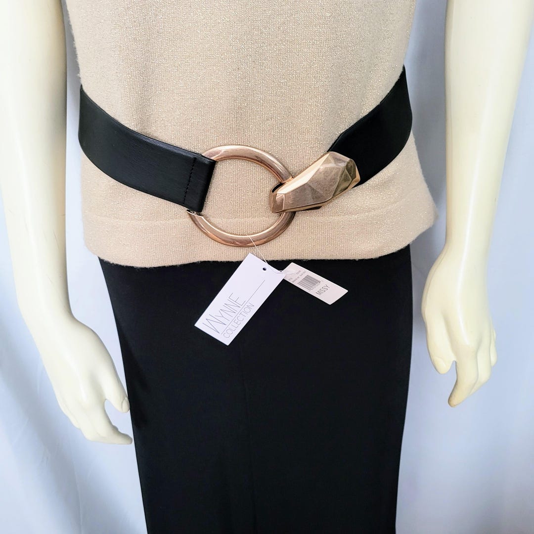 WYNNE Collection Black Faux Leather Wide Belt/oversized Gold Ring ...