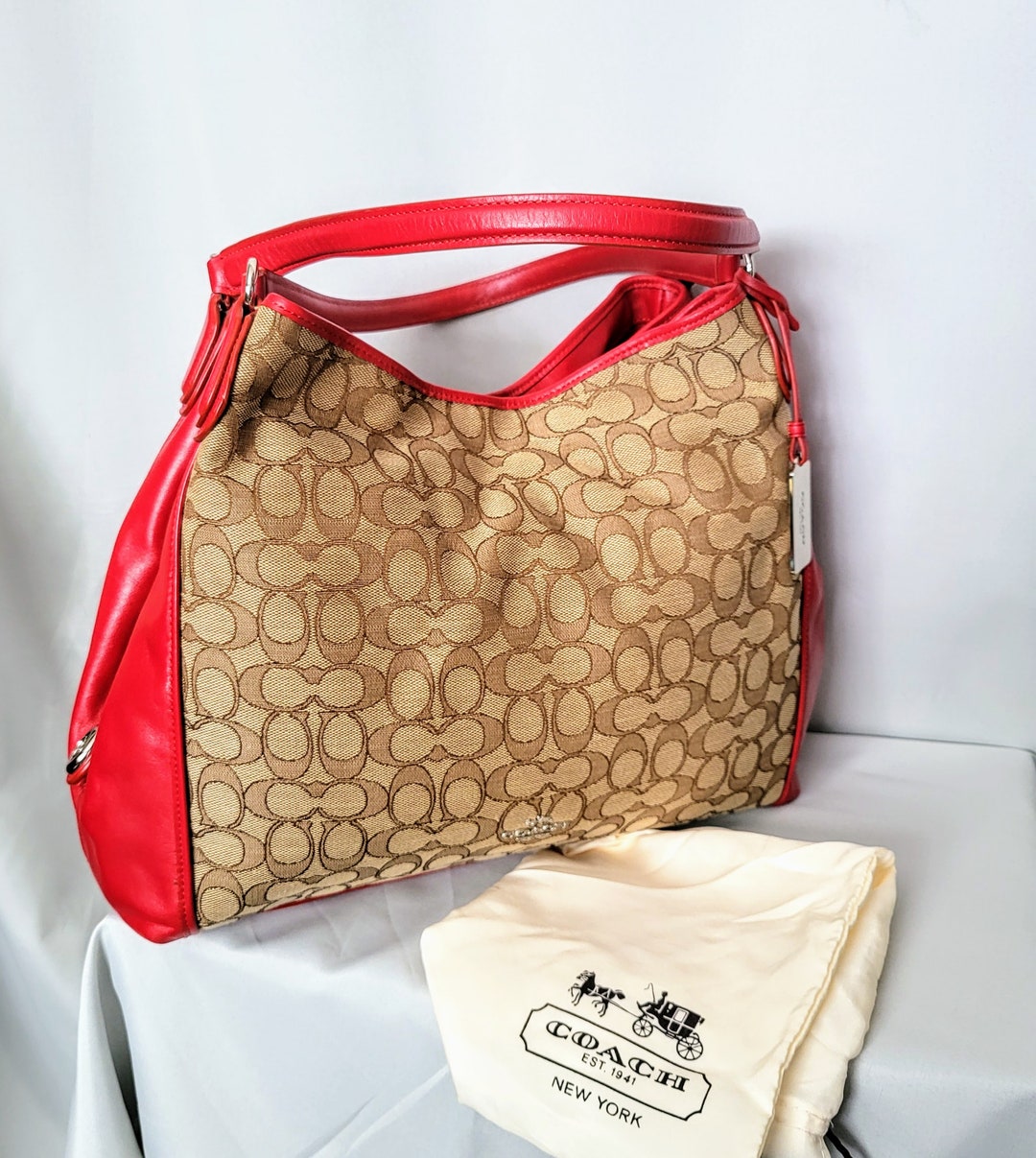 COACH Signature EDIE Red Leather Shoulder Bag/luxurious Double Leather ...