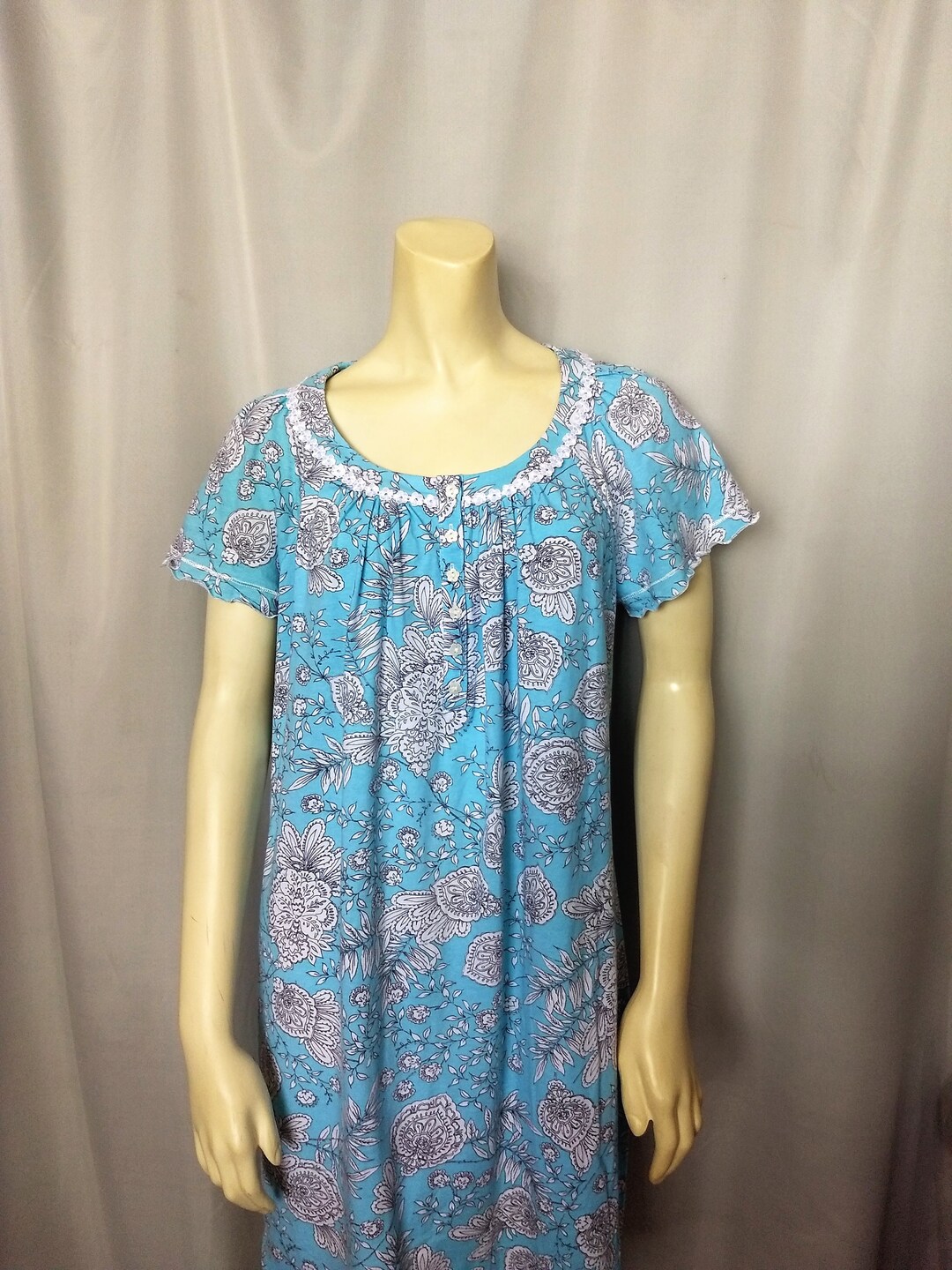 Cotton Blue Mid-length Nightgown/vintage Short Sleeves Decorated Soft ...