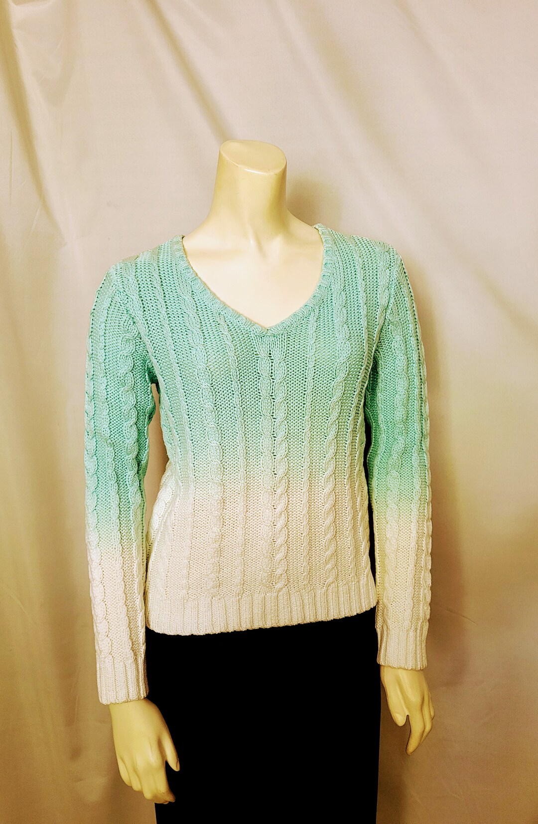 TALBOT Turquoise White Ombre Cable Knit V-neck Pullover Women Sweater ...