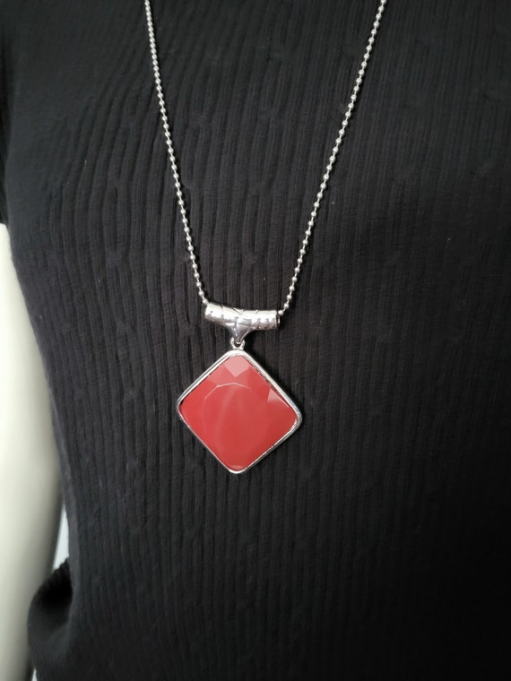 Red Big Pendant Necklace/Huge Ruby Red Square Stateme… - Gem