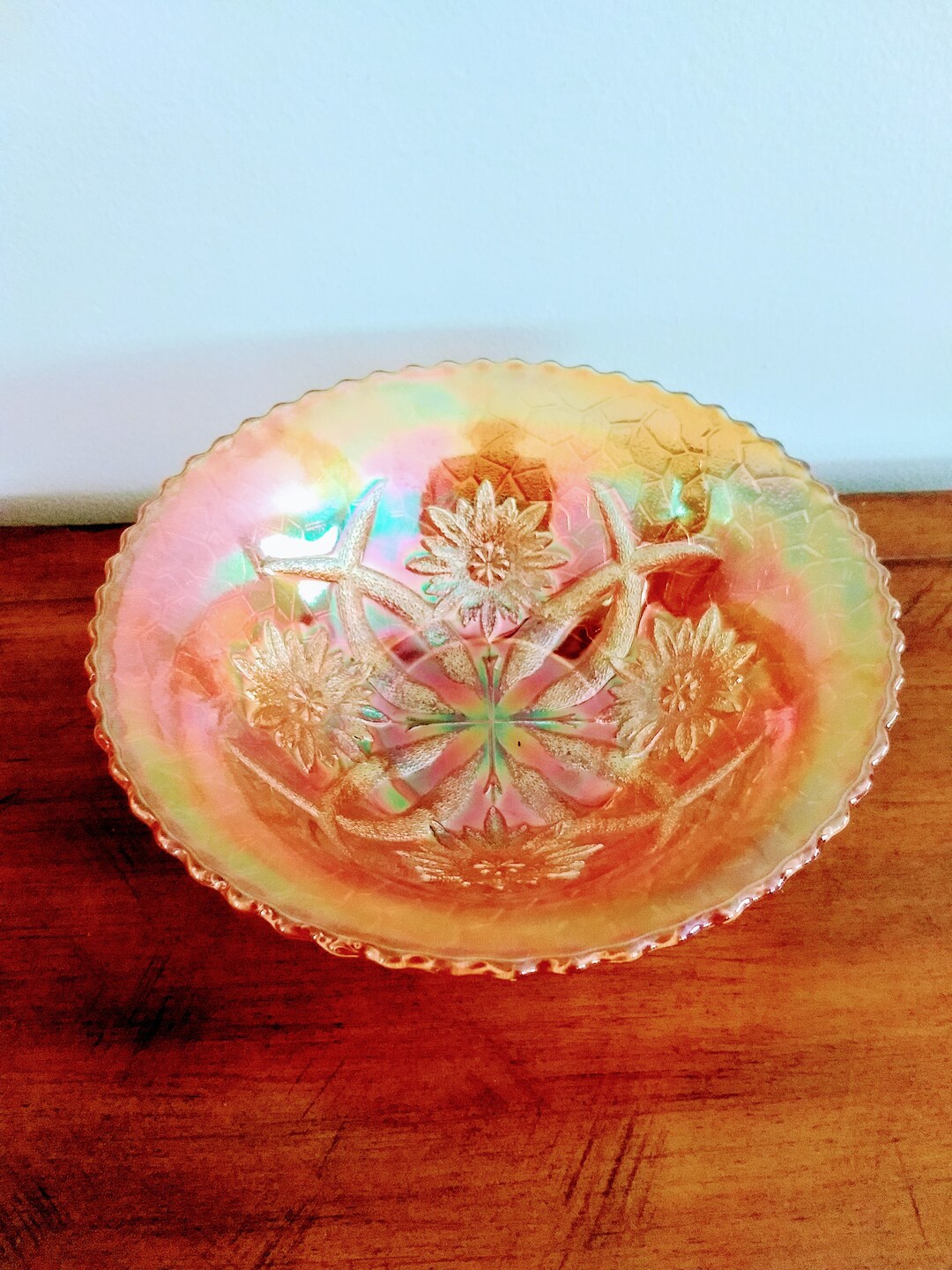 Vintage DUGAN Carnival Opalescent Peach Glass Bowl/four Flower Pattern ...