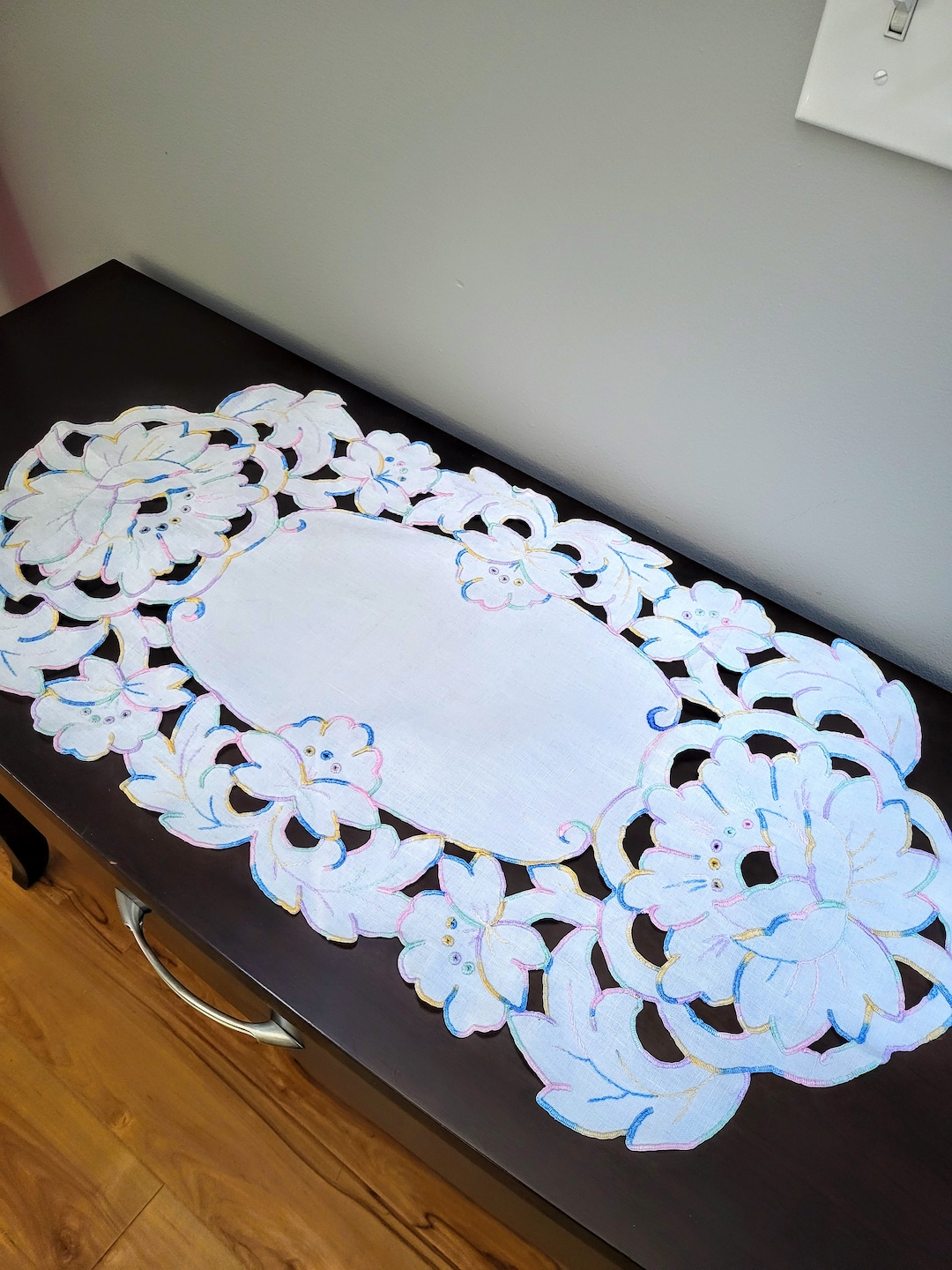 Embroidery Cutwork Floral Oval Table Runner/white Linen Pastel Colors ...