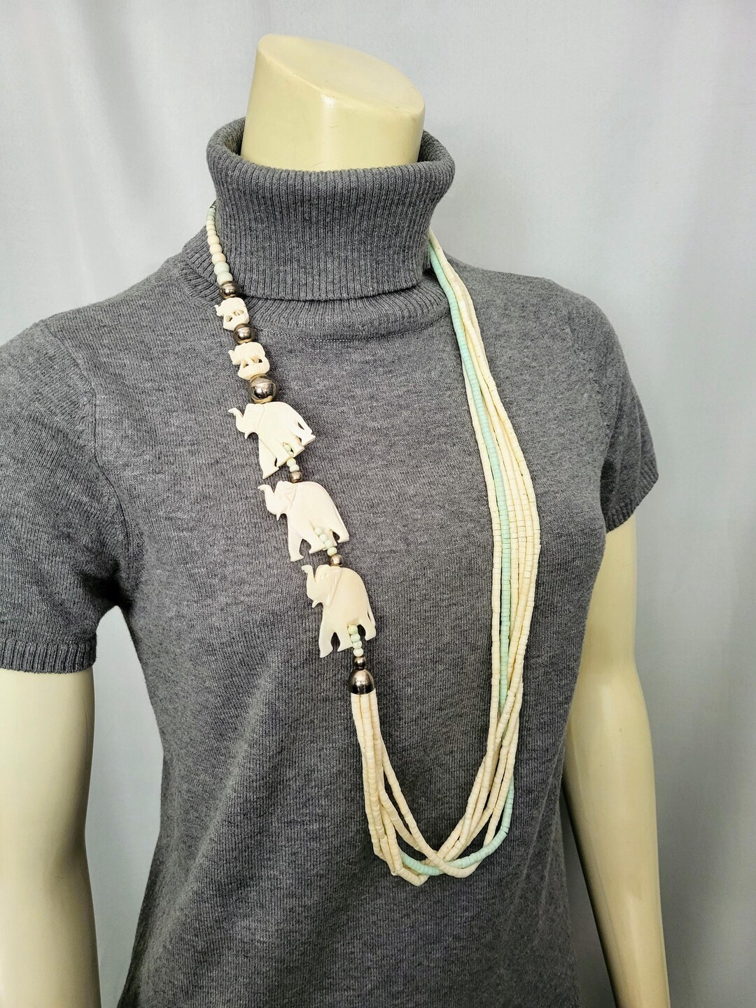 Huge Hand-carved Elephants Vintage Faux Ivory Multi Beads Leyers Extra ...