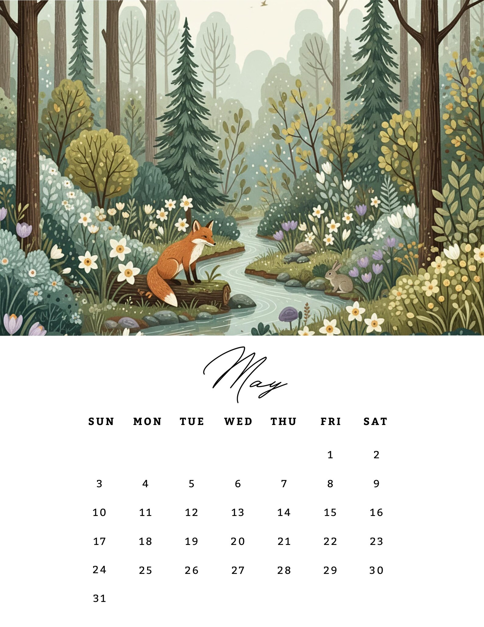 2026 Calendar Printable Wall Planner Home Decor Woodland Forest Animals ...