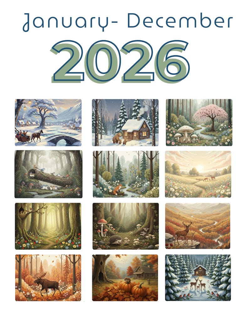 2026 Calendar Printable Wall Planner Home Decor Woodland Forest Animals ...