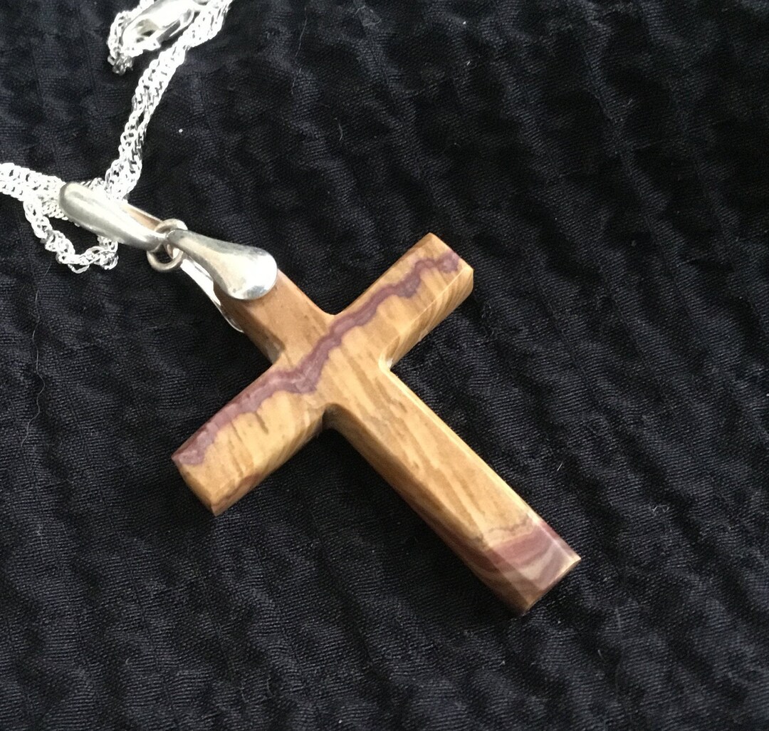 Stone Cross Necklace/wood Grain Stone/mans Cross/stone and Sterling ...