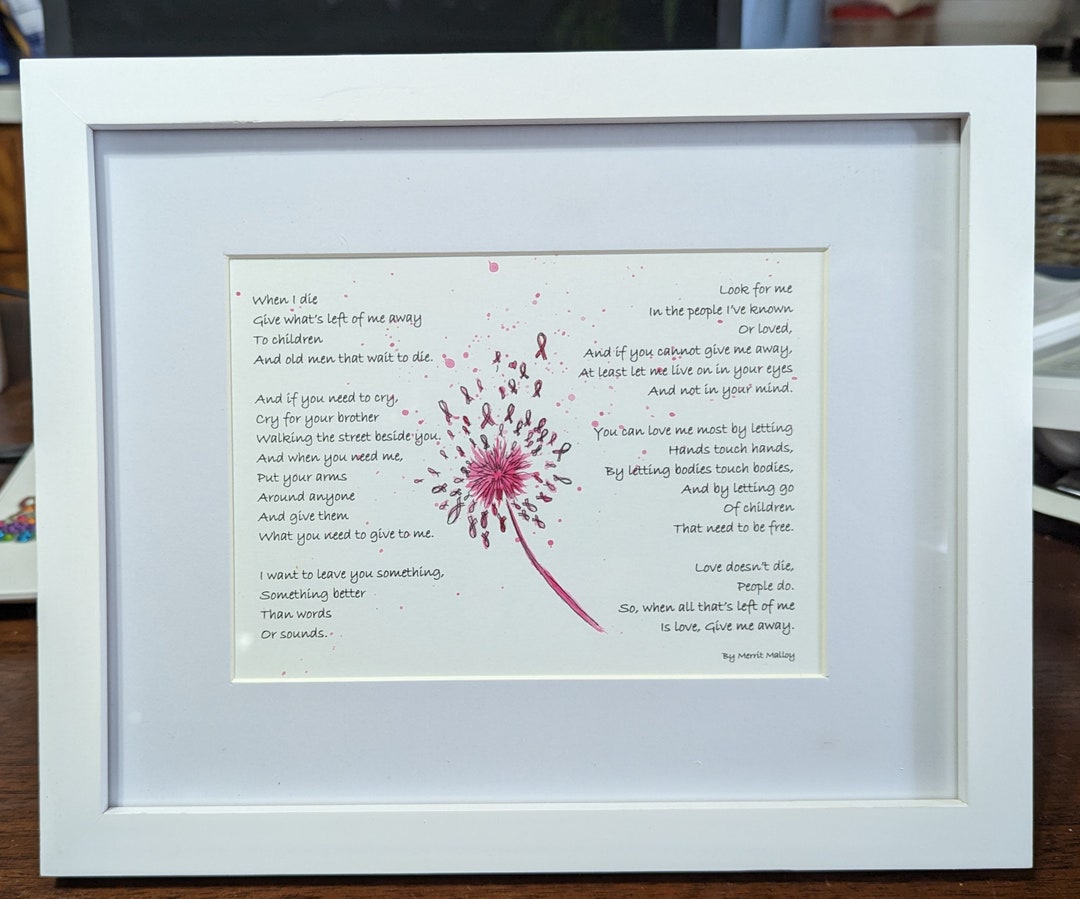 Breast Cancer Memorial When I Die Poem Framed 8x10 Ink And Watercolor Sketch Etsy