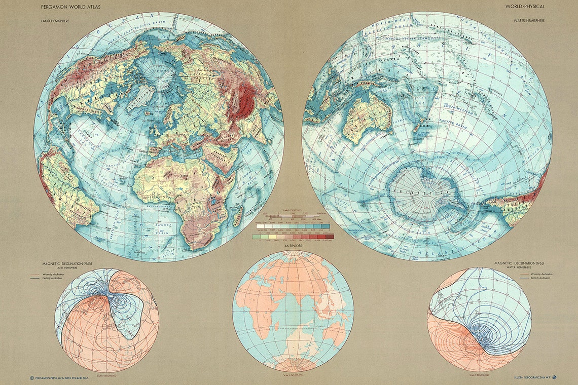 World Map Land and Water Hemispheres Centered on France and - Etsy