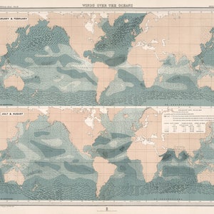 Winds Over the Oceans Map Print, Atlas of Meteorology, World Map ...