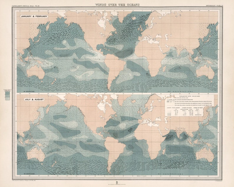 Winds Over the Oceans Map Print Atlas of Meteorology World - Etsy