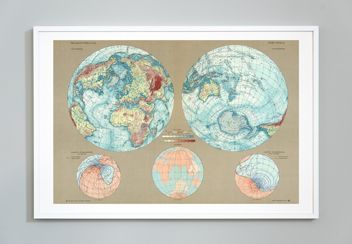 World Map Land and Water Hemispheres Centered on France and - Etsy