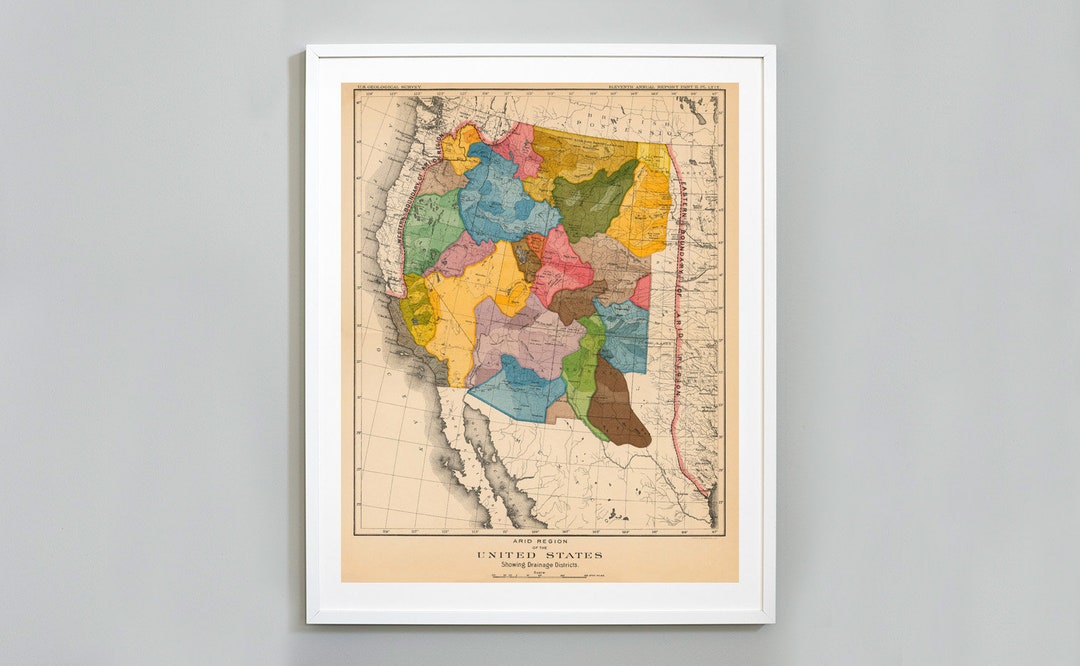 Watershed Map of Western US: John Wesley Powell, 1890, Water Drainage ...