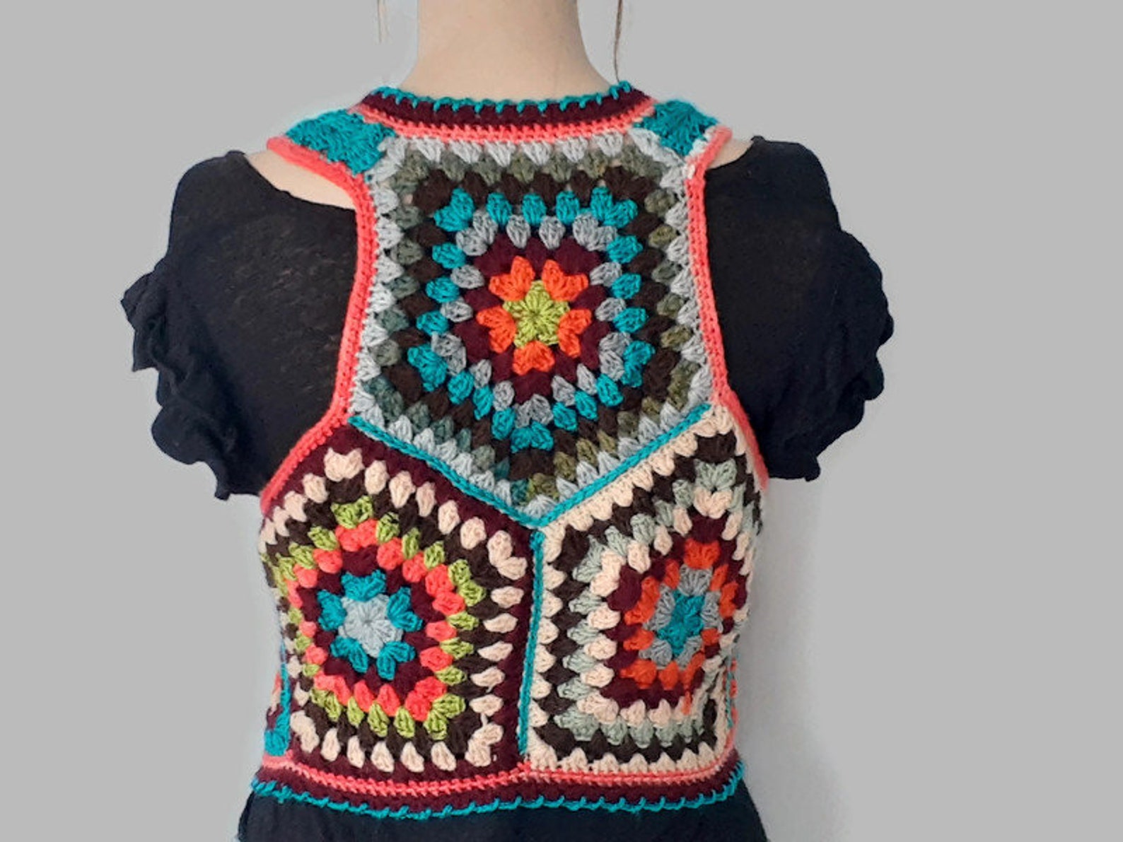 Granny Square Vest, Vintage Quilted Waistcoat, Sweater Vest, Crochet ...