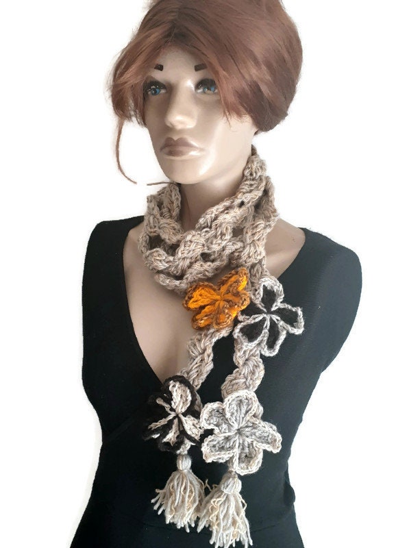 Thin Fringed Crochet Scarf Hand Knit Scarf Beige Long Scarf - Etsy