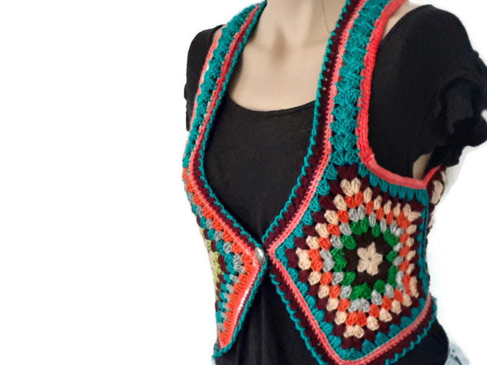 Granny Square Vest, Vintage Quilted Waistcoat, Sweater Vest, Crochet ...