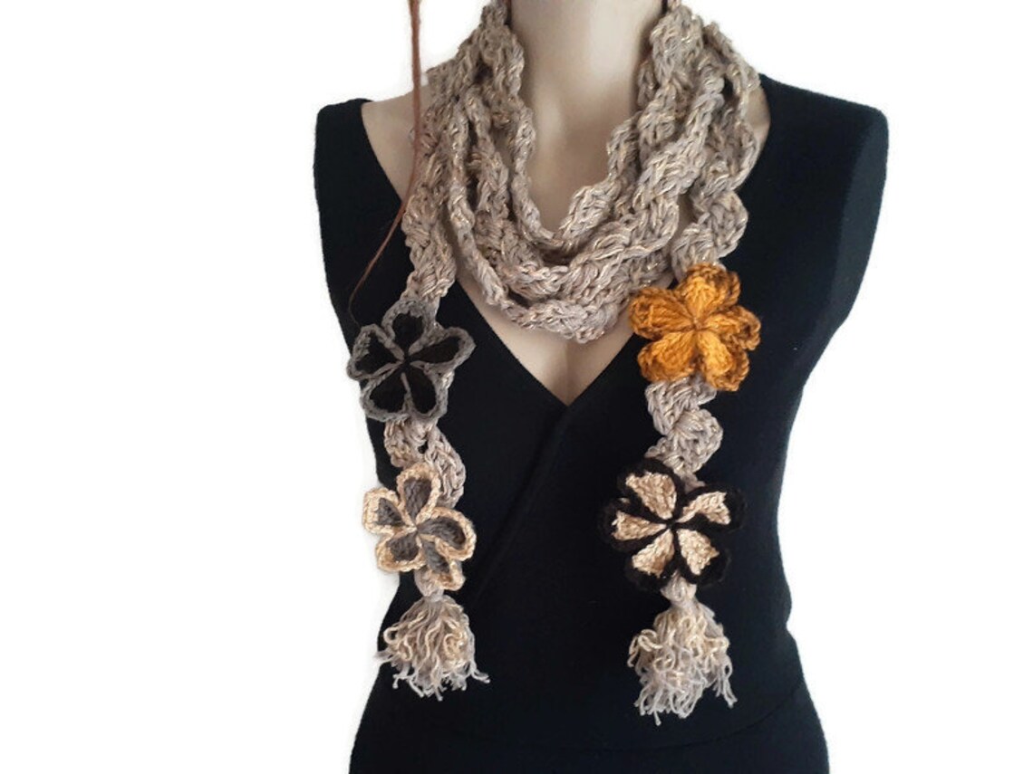 Thin Fringed Crochet Scarf Hand Knit Scarf Beige Long Scarf - Etsy