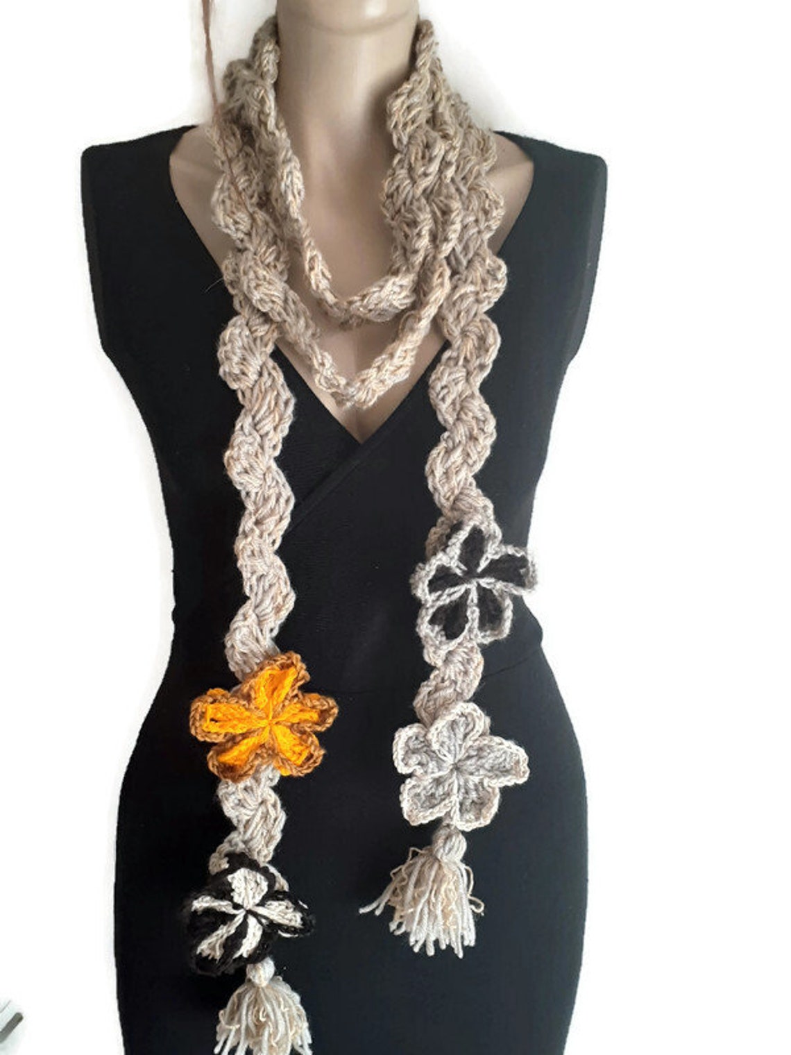 Thin Fringed Crochet Scarf Hand Knit Scarf Beige Long Scarf - Etsy