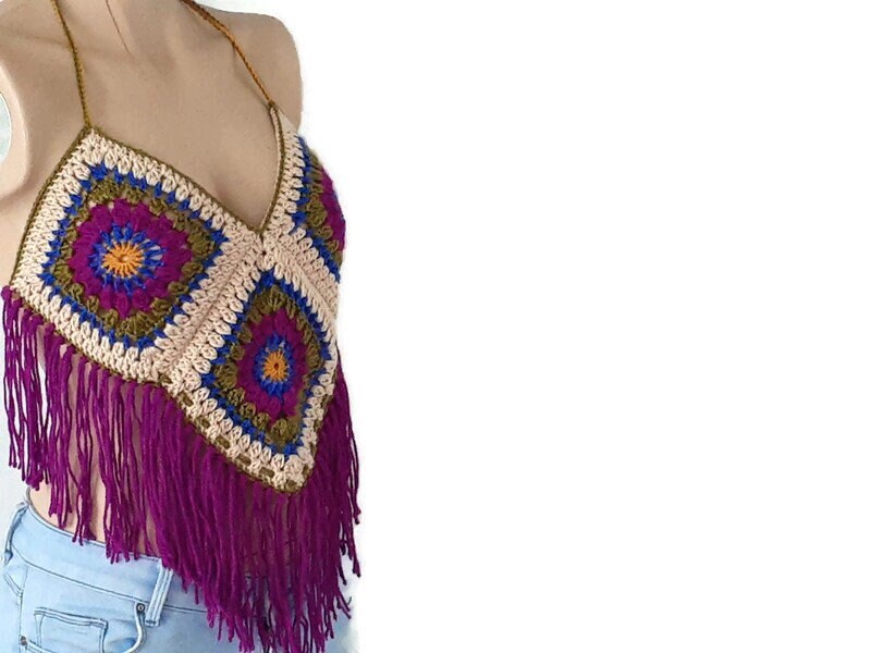 Boho Hippie Crochet Top Festival Crop Top Fringe Clothing Colourful Crochet Top Crochet