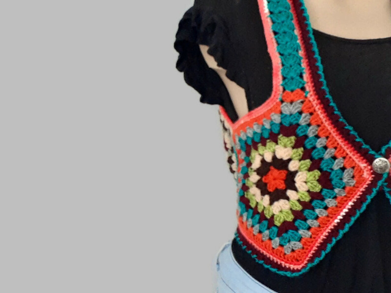 Granny Square Vest, Vintage Quilted Waistcoat, Sweater Vest, Crochet ...