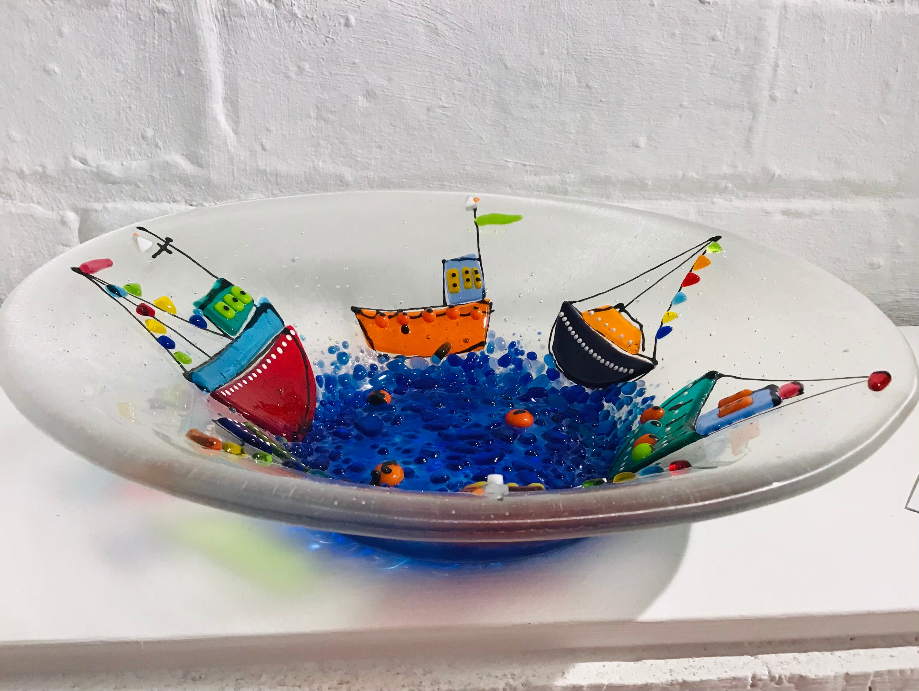 Fused Glass Handmade Ship Bowl, Decretive Colourful Boats Ships and ...