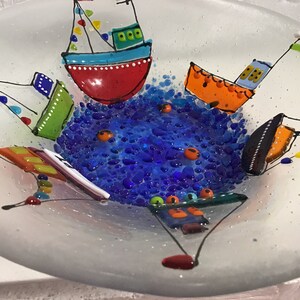 Fused Glass Handmade Ship Bowl, Decretive Colourful Boats Ships and ...