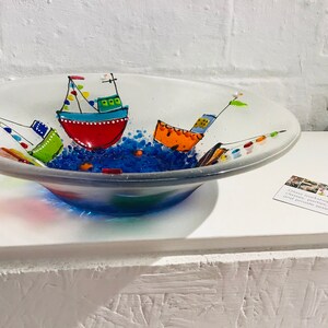 Fused Glass Handmade Ship Bowl, Decretive Colourful Boats Ships and ...