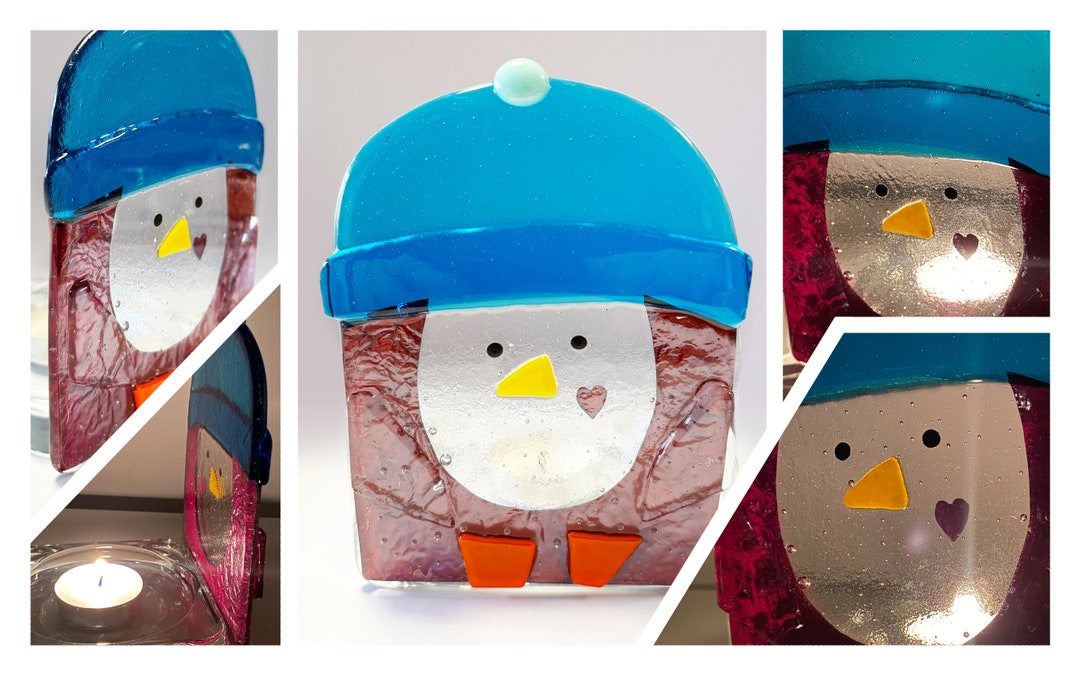 Fused Glass Penguin Candle Screen - Handcrafted Winter Wonderland Decor ...