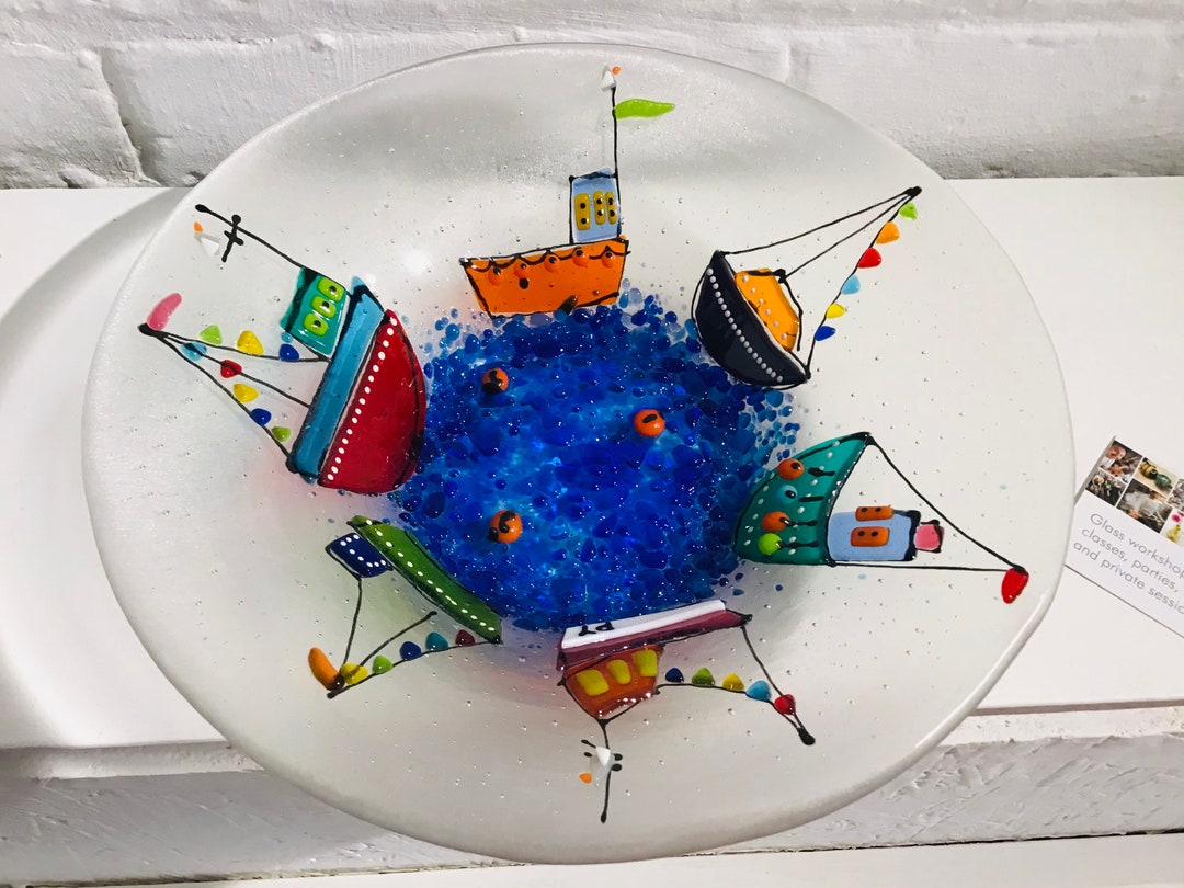 Fused Glass Handmade Ship Bowl, Decretive Colourful Boats Ships and ...