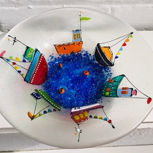 Fused Glass Handmade Ship Bowl, Decretive Colourful Boats Ships and ...