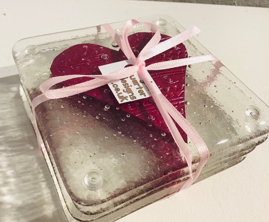 Fused Glass Copper Heart Coasters, Etched With a Pattern, Handmade Gift ...