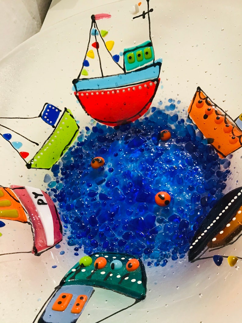 Fused Glass Handmade Ship Bowl, Decretive Colourful Boats Ships and ...