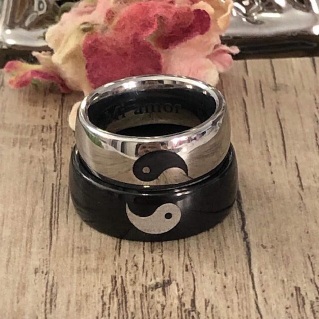8mm Yin and Yang Rings, Personalized Engrave Tungsten Wedding Rings ...