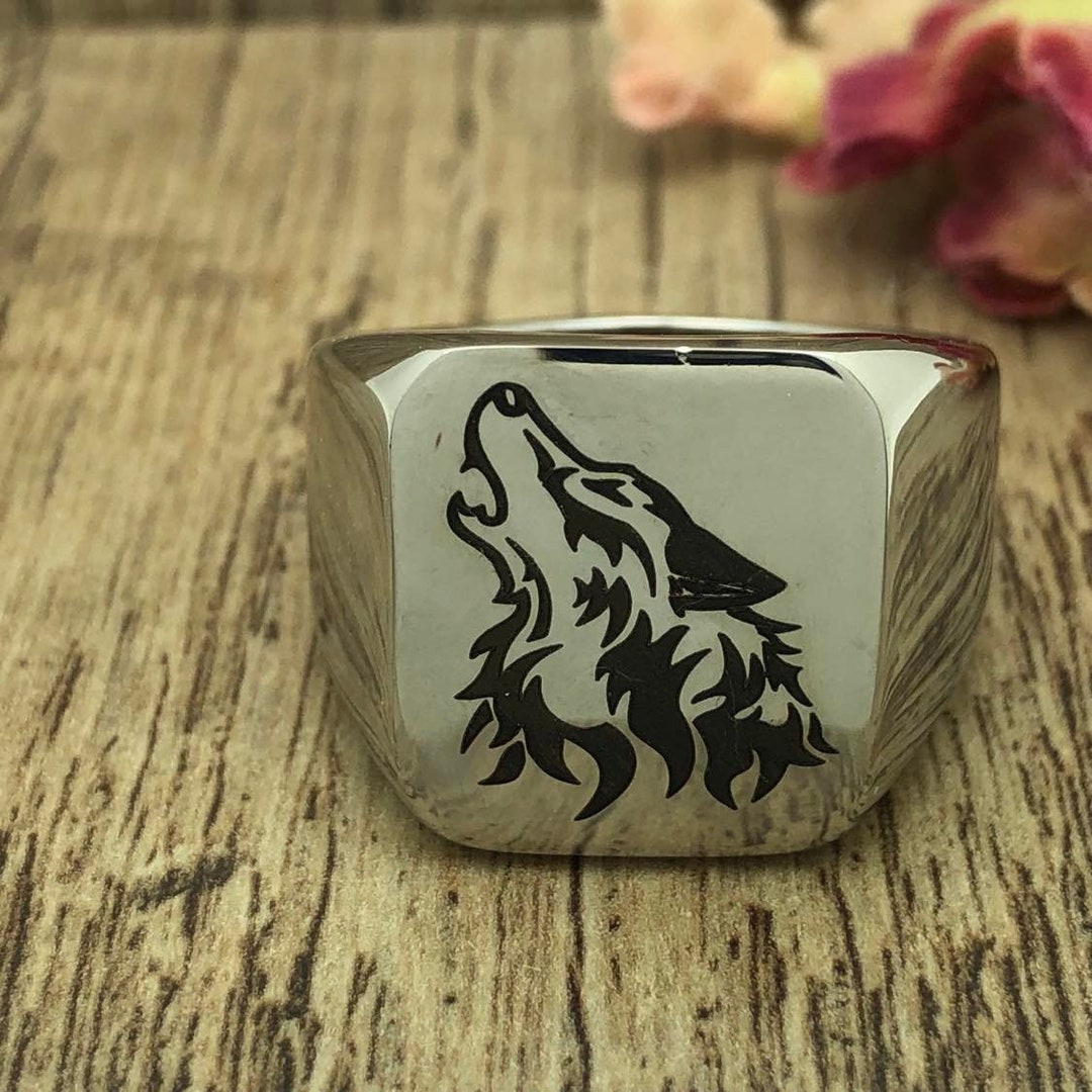 Wolf Signet Ring, Signet Ring, Stainless Steel Signet Ring, Personalize ...