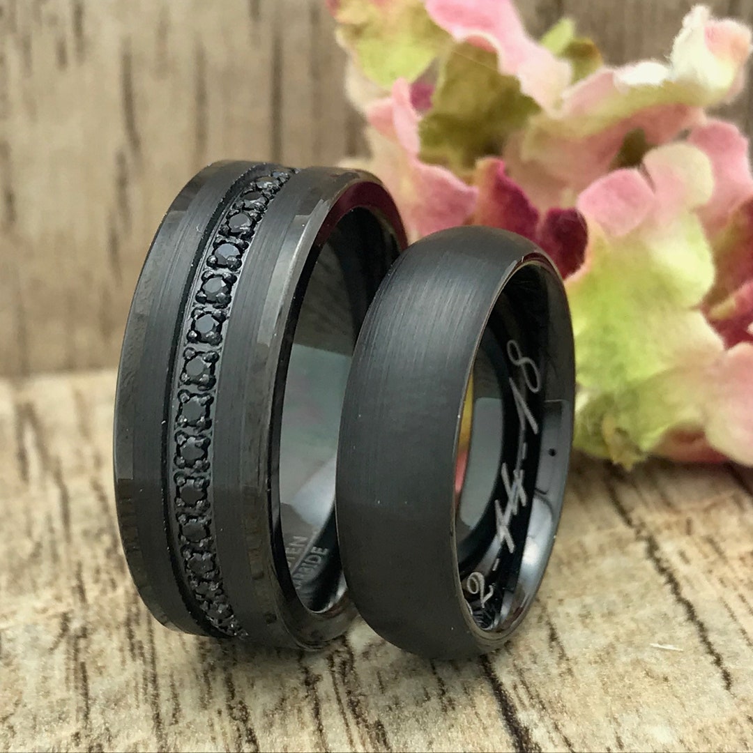 His and Hers Tungsten Wedding Rings, Personalize Engrave Black Plated ...