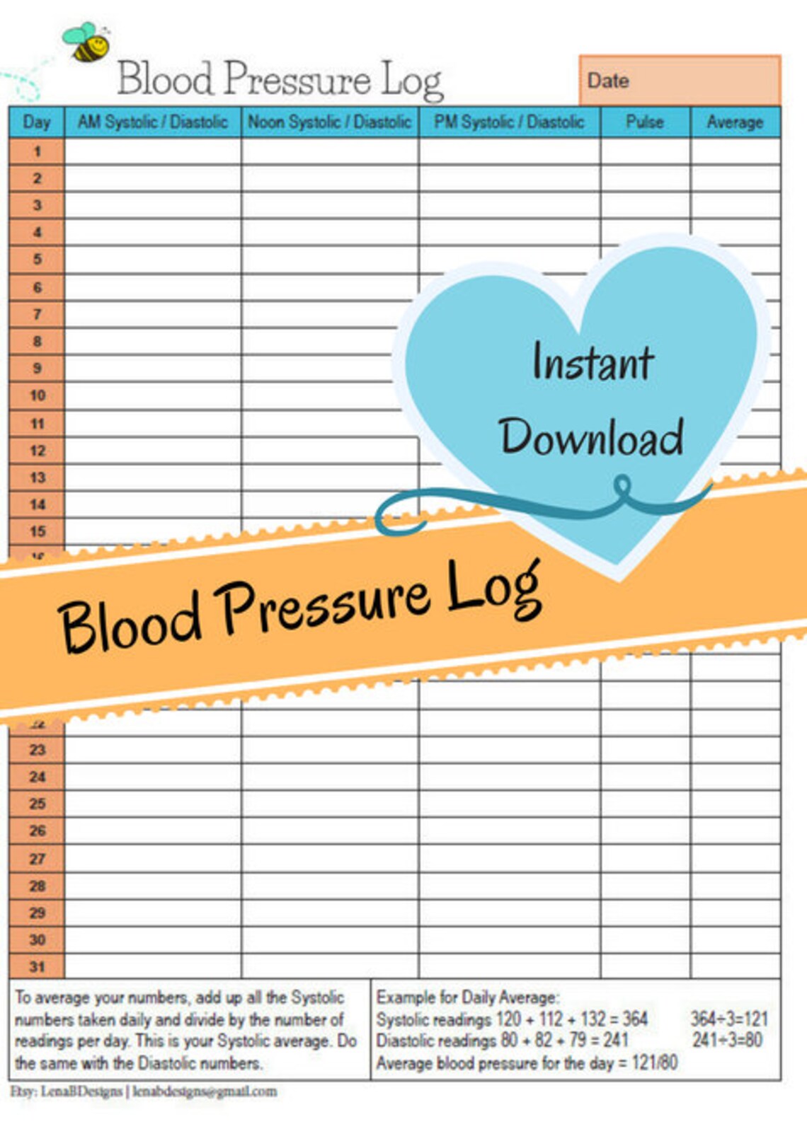 Monthly Blood Pressure Chart - Systolic/diastolic Blood Pressure ...